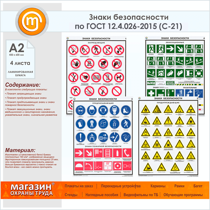 Плакаты «Знаки безопасности по ГОСТ 12.4.026-2015» (С-21, 4 листа, А2 ...